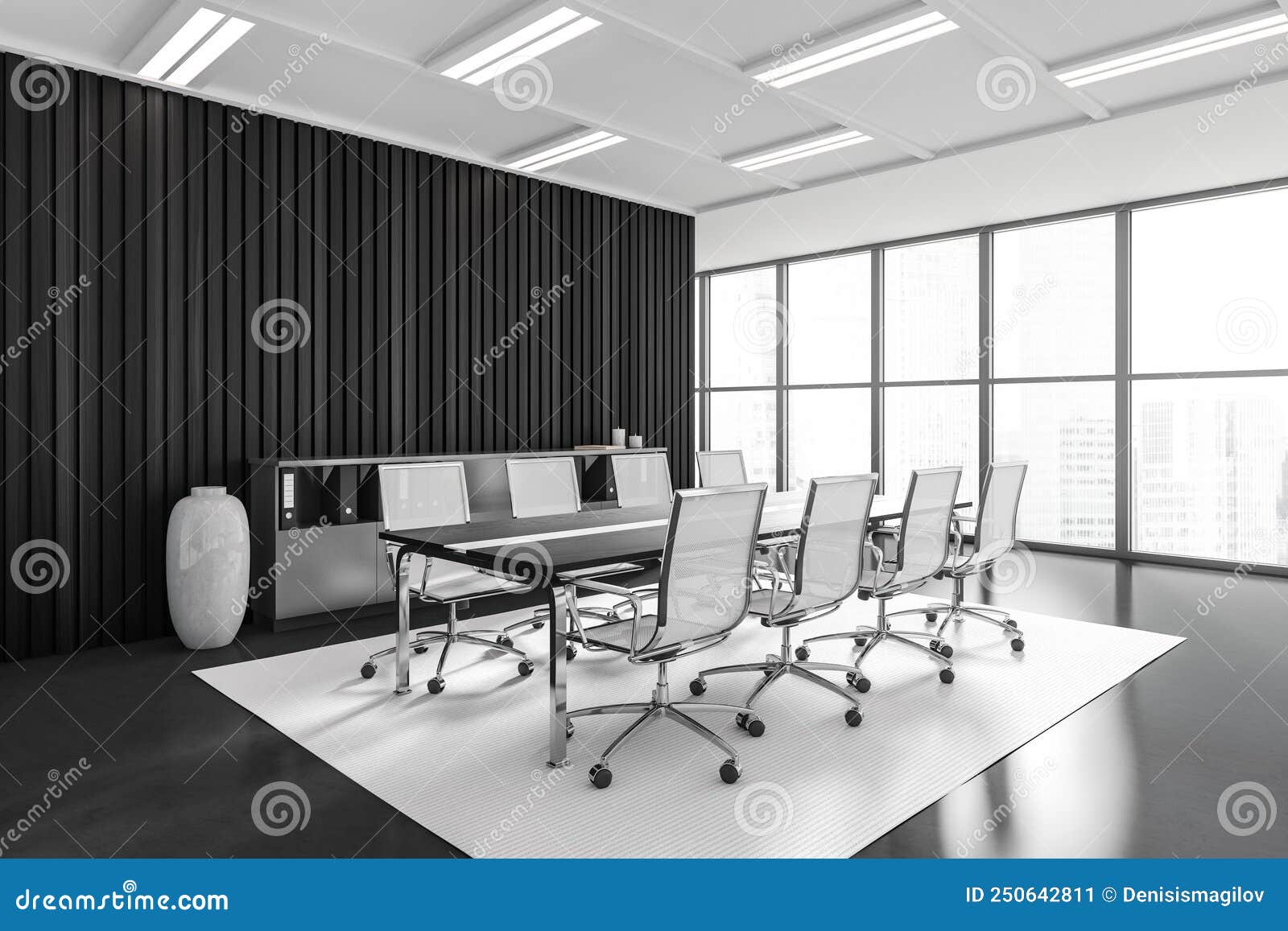 Grey Meeting Room Interior with Chairs and Table, Panoramic Window ...