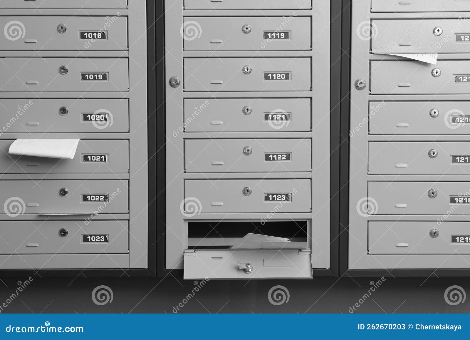 Grey Metal Mailboxes with Receipts and Envelopes Indoors Stock Image ...