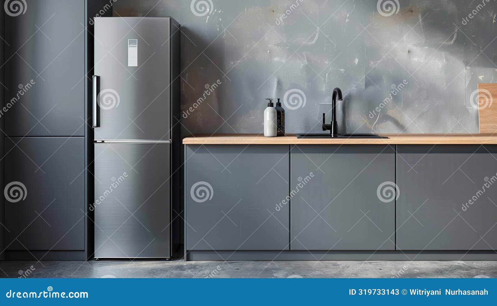 Grey Metallic Kitchen Interior with Sink and Refrigerator, Side View ...