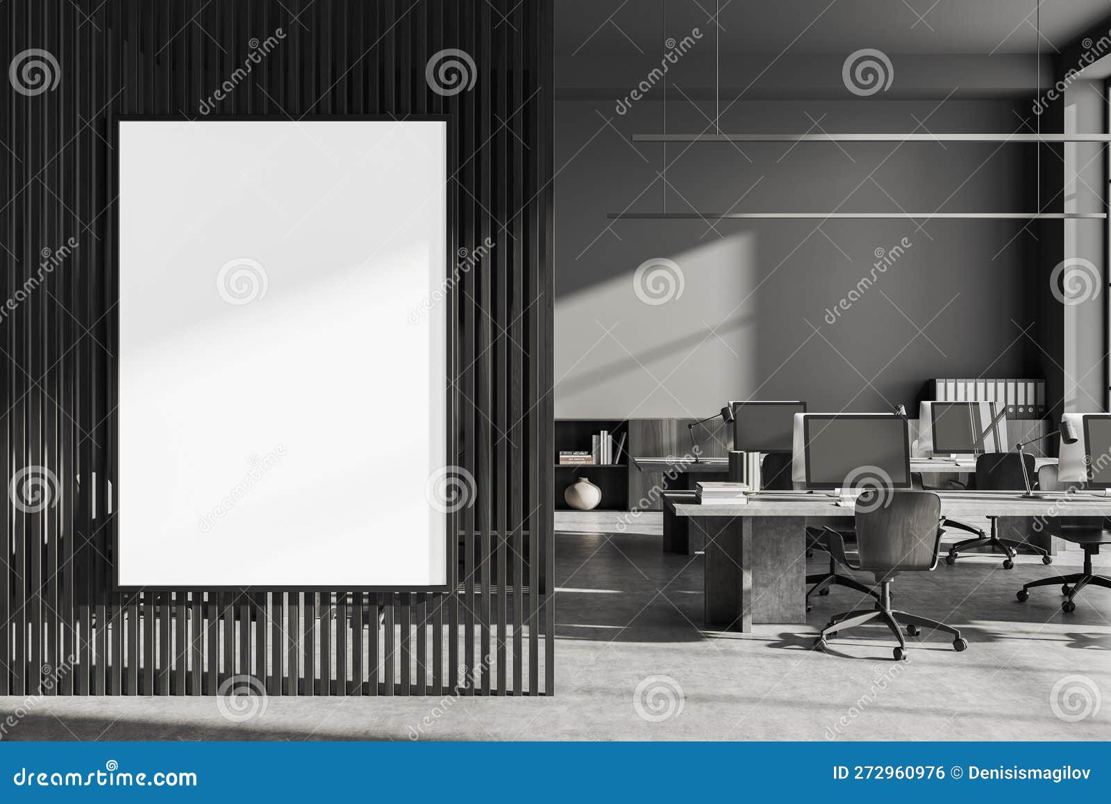 Grey Modern Business Interior with Pc Computers and Sideboard. Mockup ...