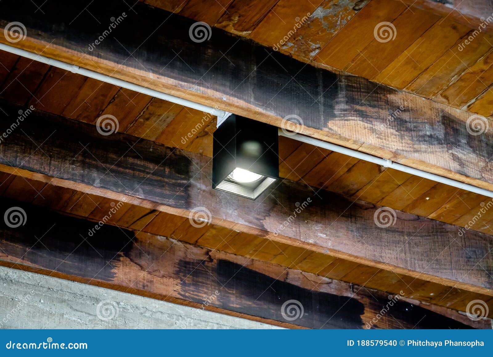 Grey Modern LED Downlight from Wooden Ceiling Stock Photo - Image of ...