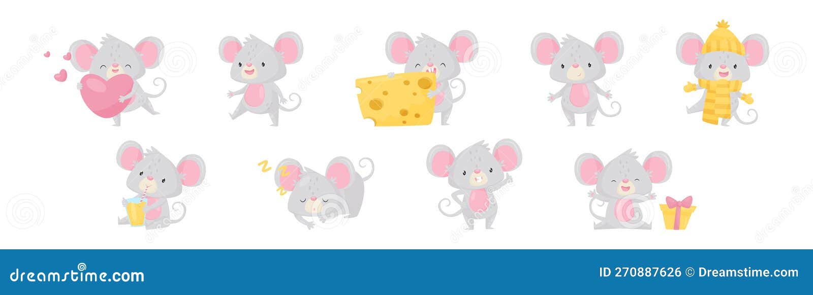 Grey Mouse Character with Huge Ears Engaged in Different Activity ...