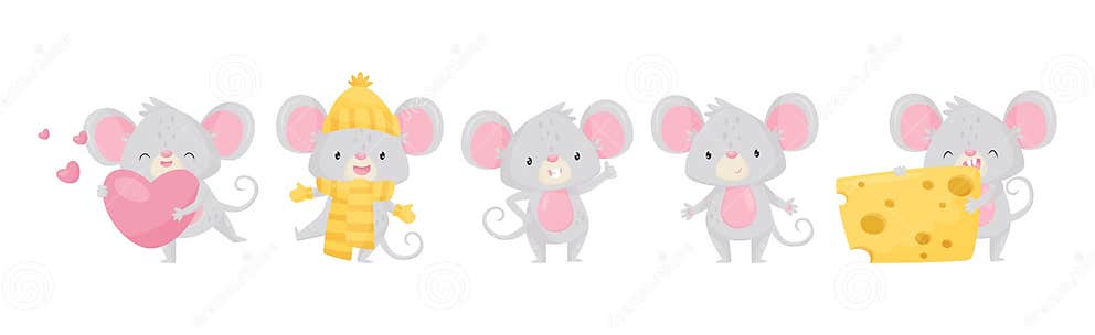 Grey Mouse Character with Huge Ears Engaged in Different Activity ...