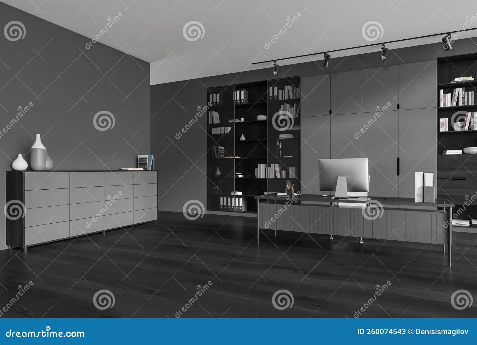 Grey Office Interior with Drawer and Workspace, Cabinet with Decor ...