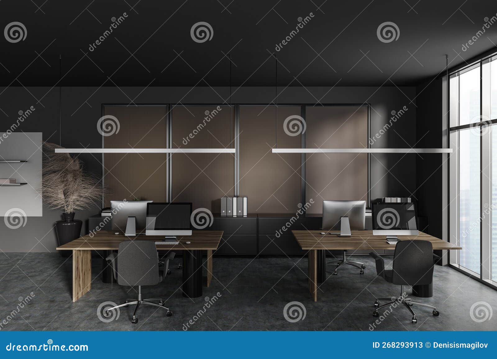 Grey Office Interior with Pc Computer on Desk and Drawer with Panoramic ...