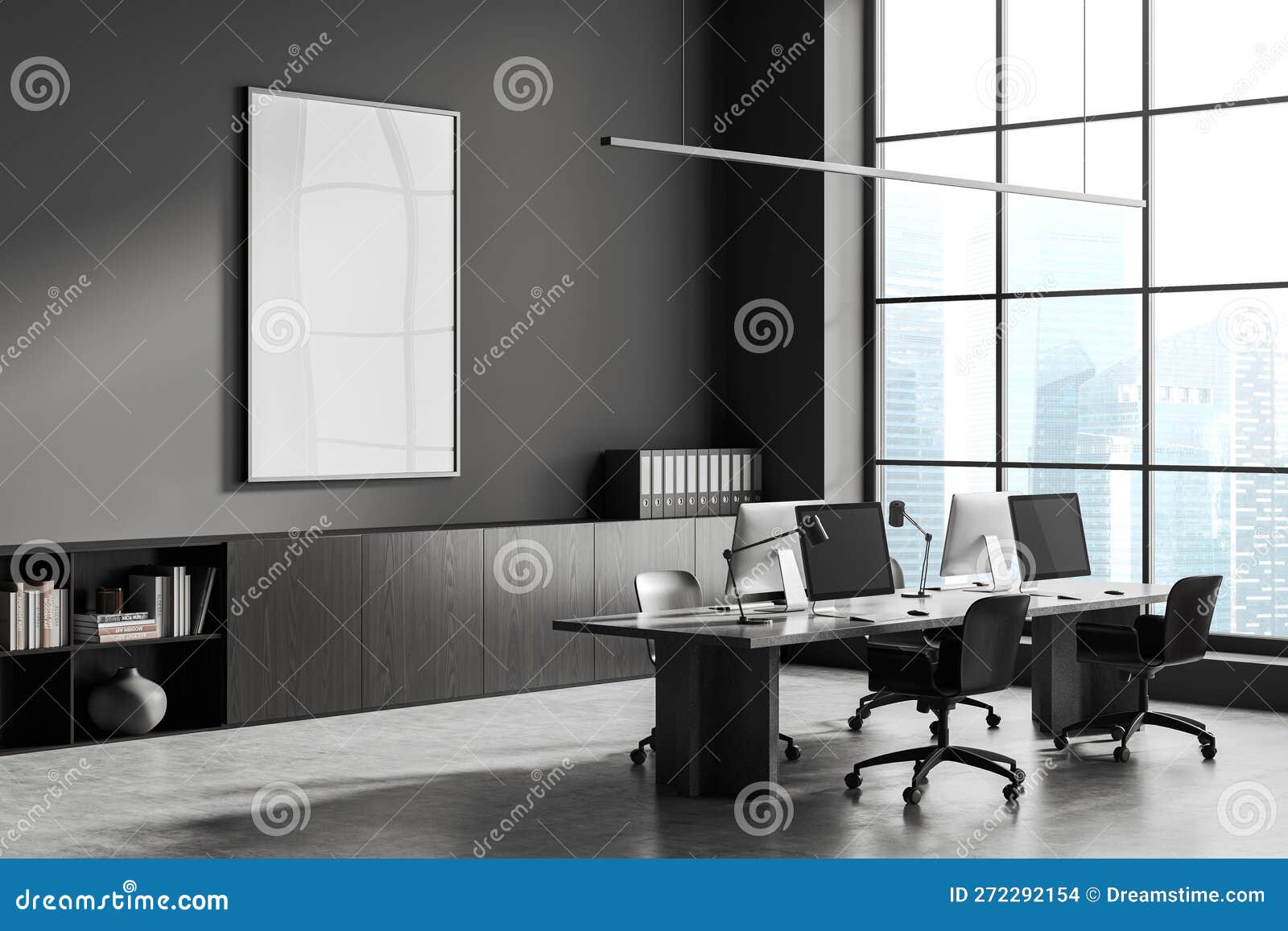 Grey Office Interior with Pc Computers and Panoramic Window. Mockup ...