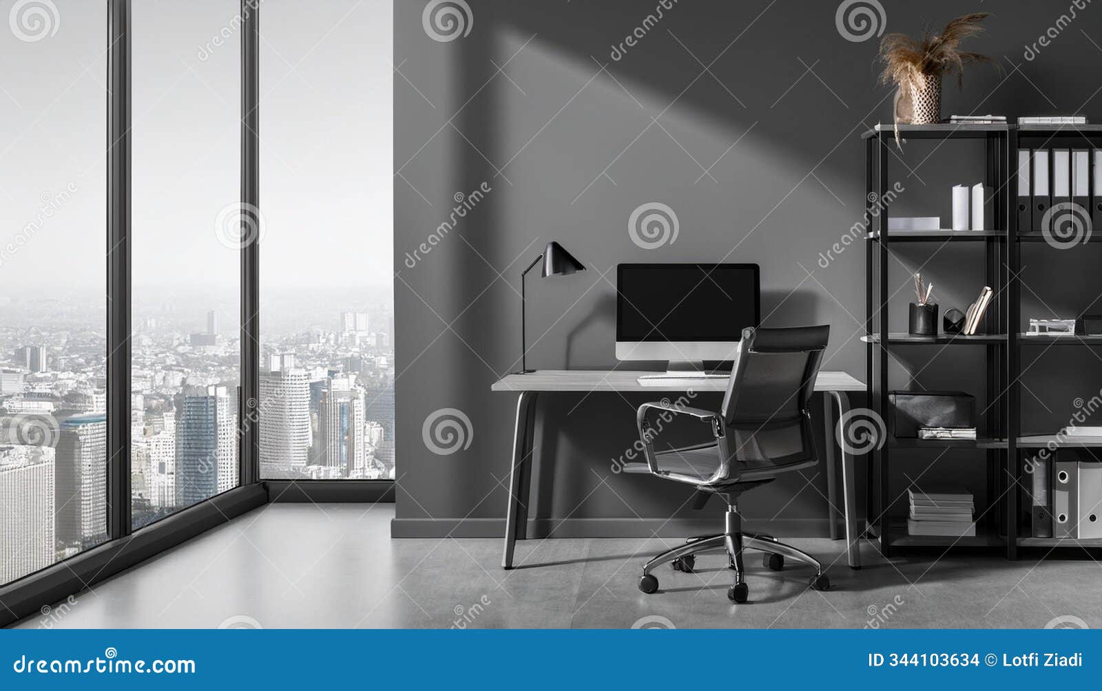 Grey Office Interior with Pc Desktop and Shelf, Panoramic Window. Empty ...