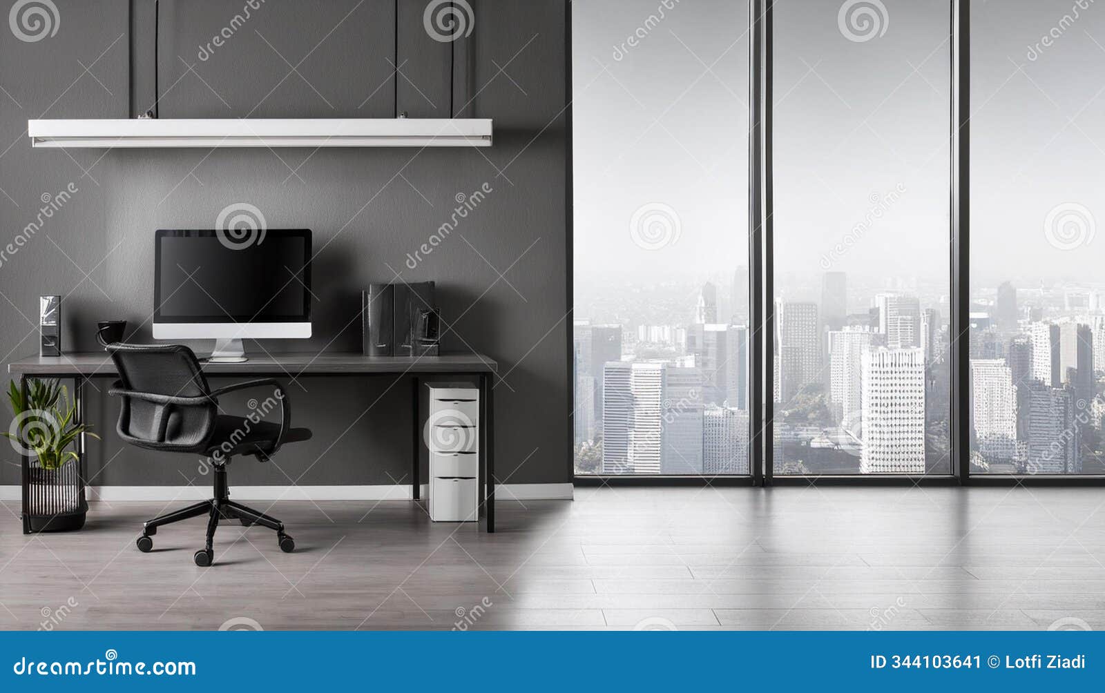 Grey Office Interior with Pc Desktop and Shelf, Panoramic Window. Empty ...