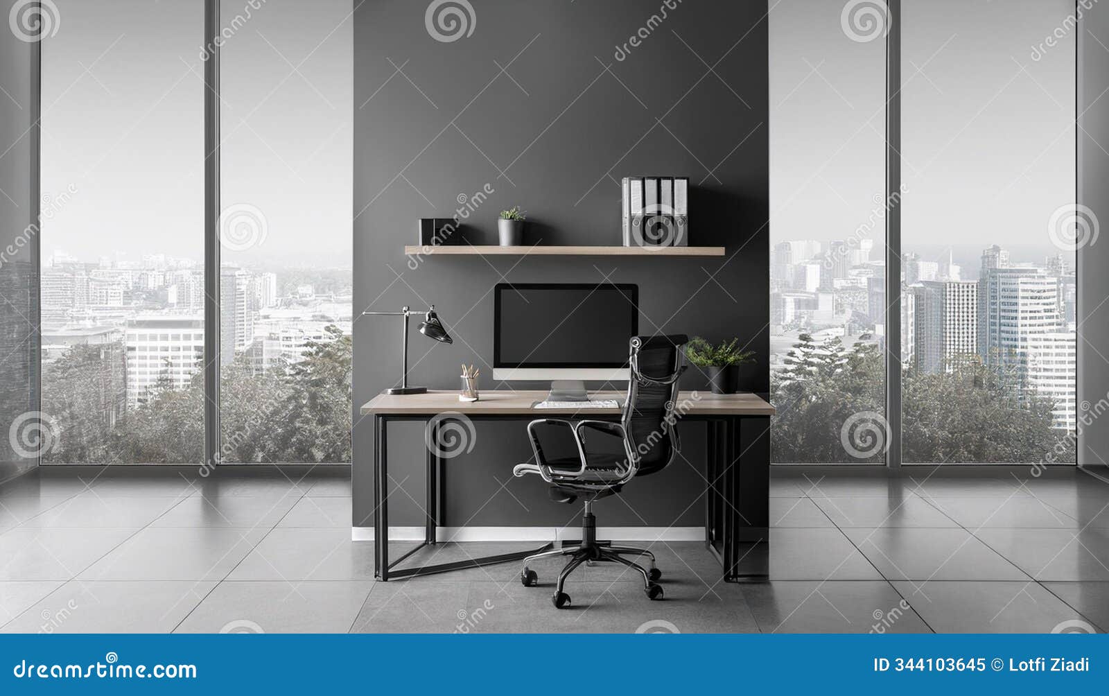 Grey Office Interior with Pc Desktop and Shelf, Panoramic Window. Empty ...
