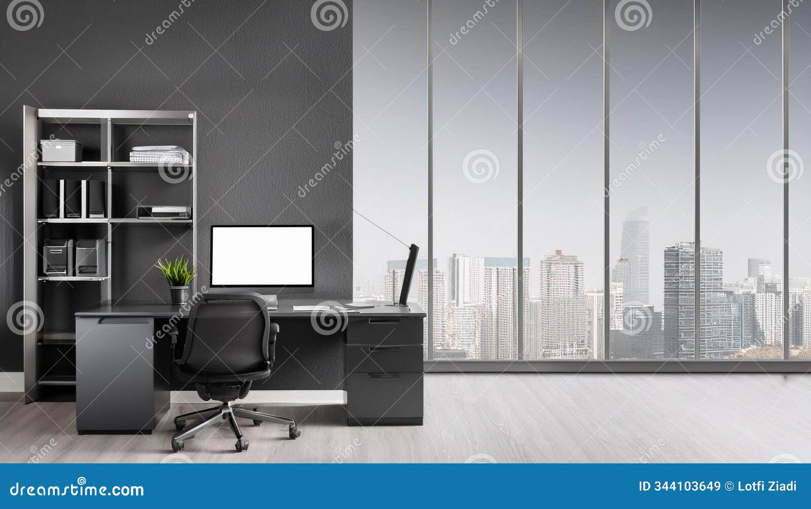 Grey Office Interior with Pc Desktop and Shelf, Panoramic Window. Empty ...