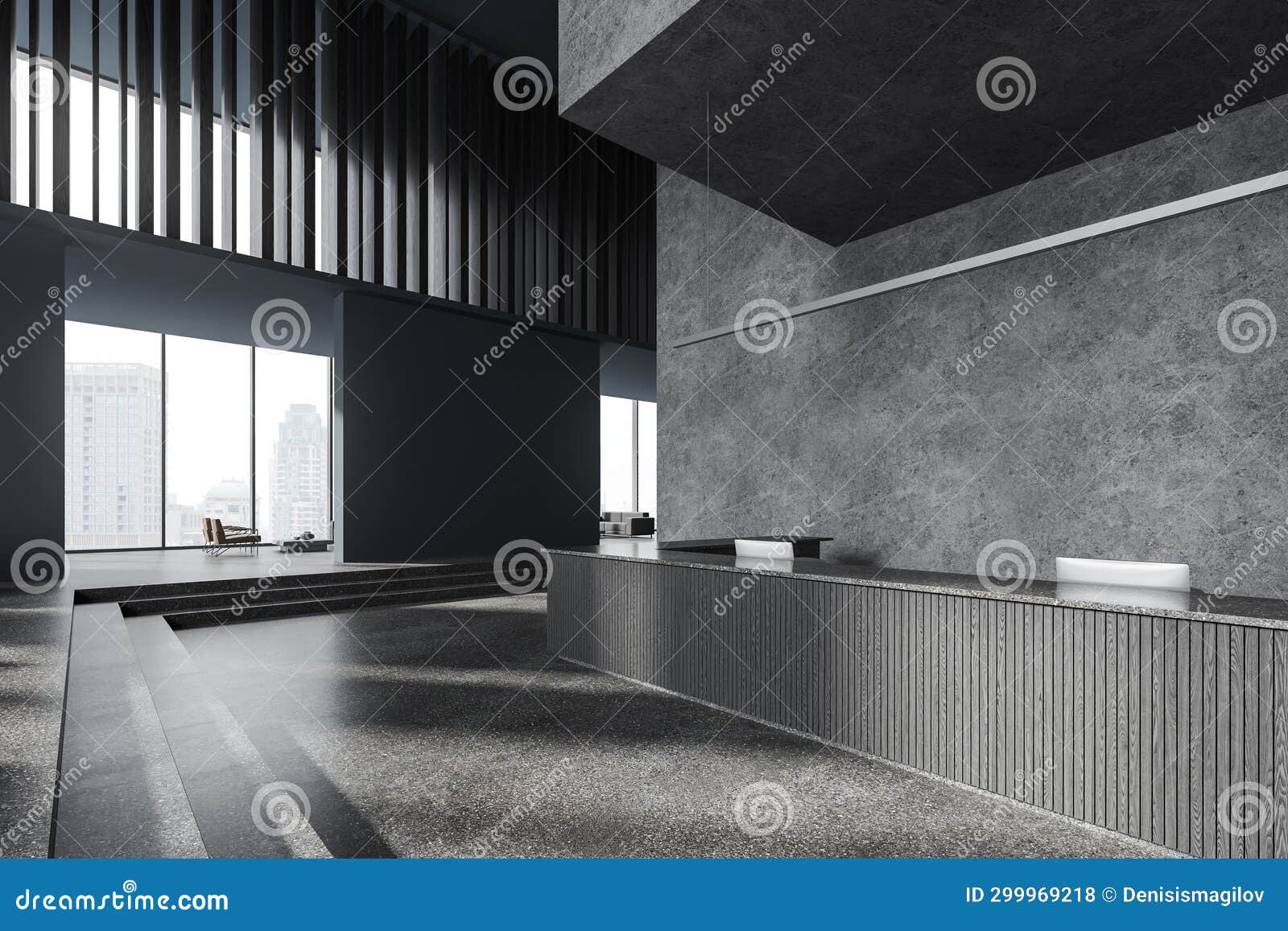 Grey Office Lobby Interior Desk and Lounge Zone, Panoramic Window Stock ...