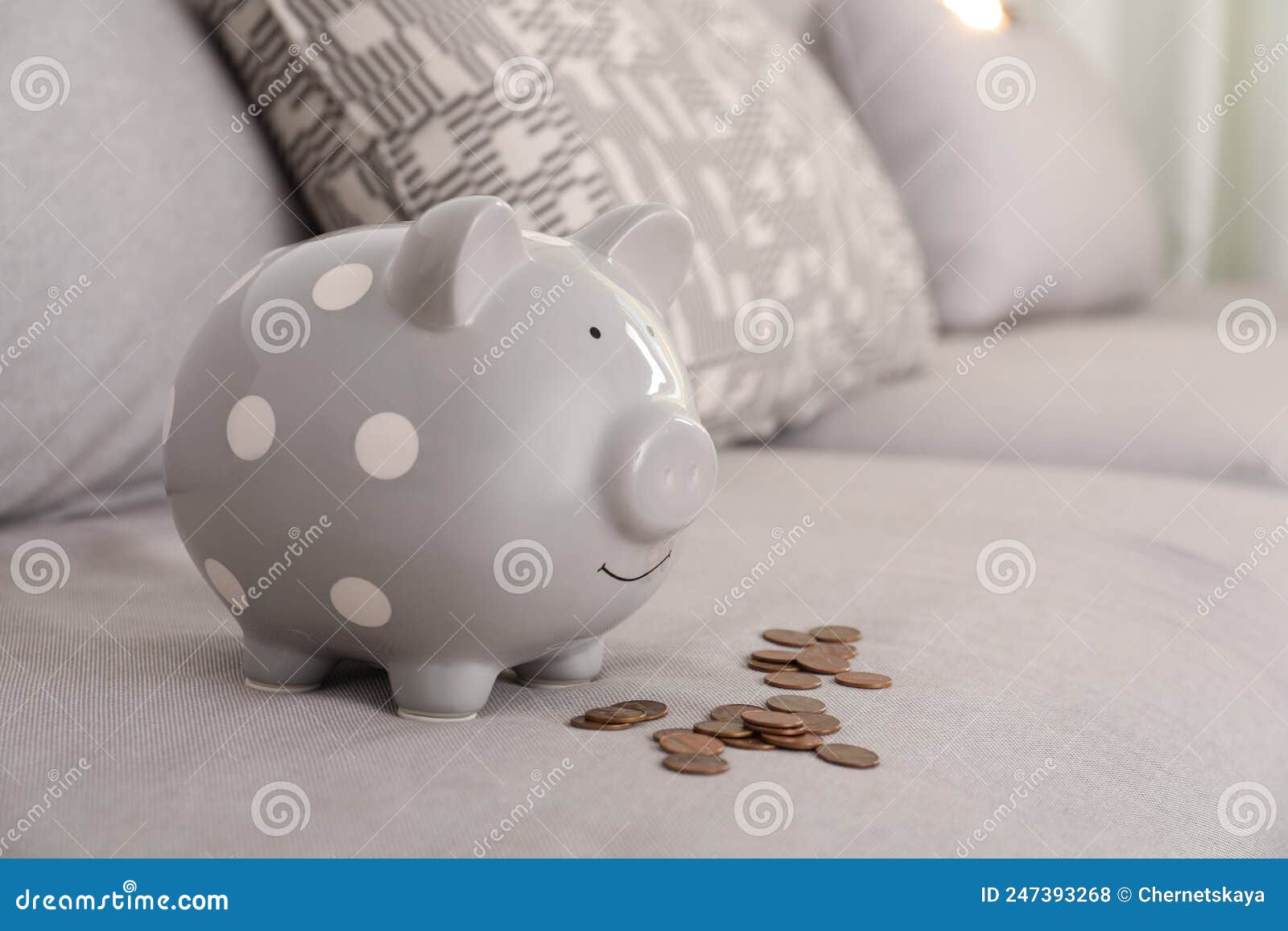 Grey Piggy Bank and Coins on Sofa Stock Photo - Image of deposit ...