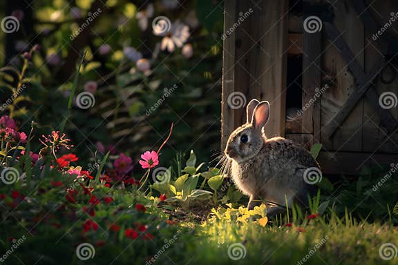 Grey Rabbit Surrounded by Flowers and Grass in Forest. with Sun Rays ...