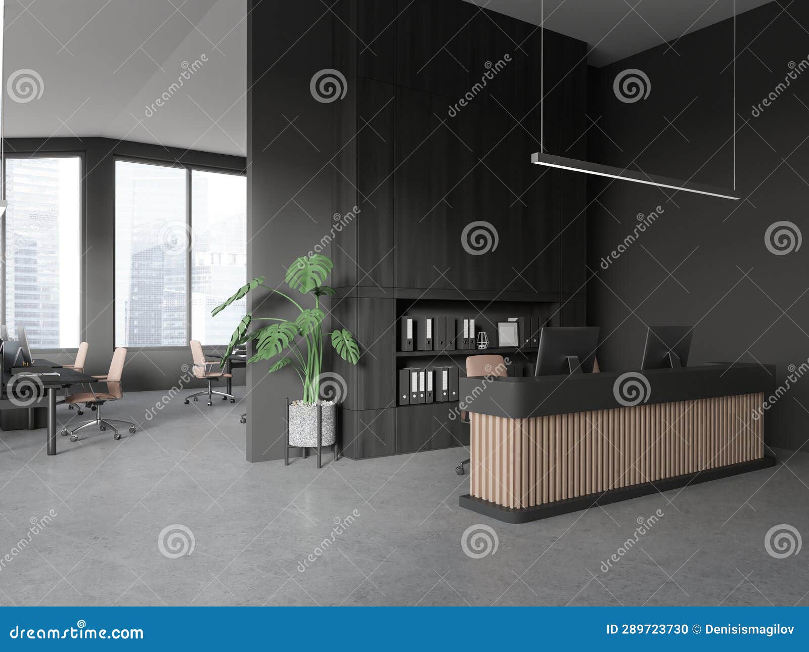 Grey Reception Interior with Desk and Coworking Space Near Panoramic ...