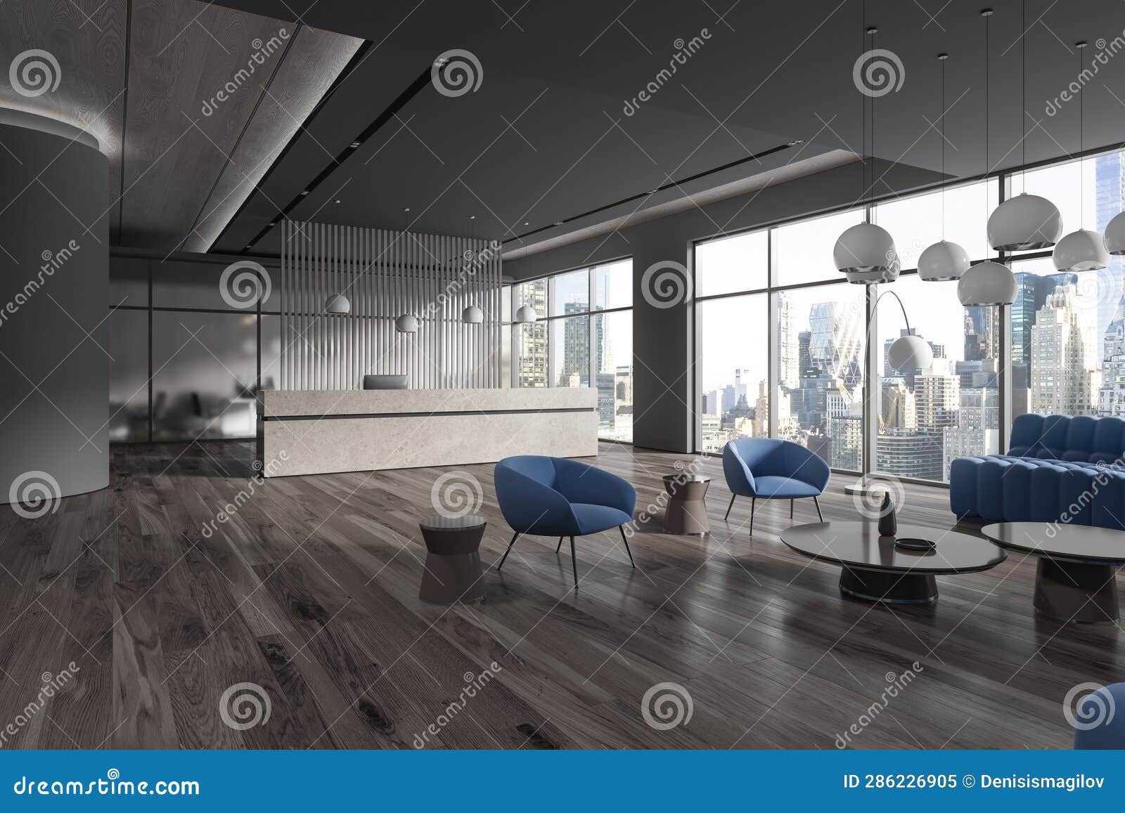 Grey Reception Interior with Relax Corner and Workspace with Panoramic ...