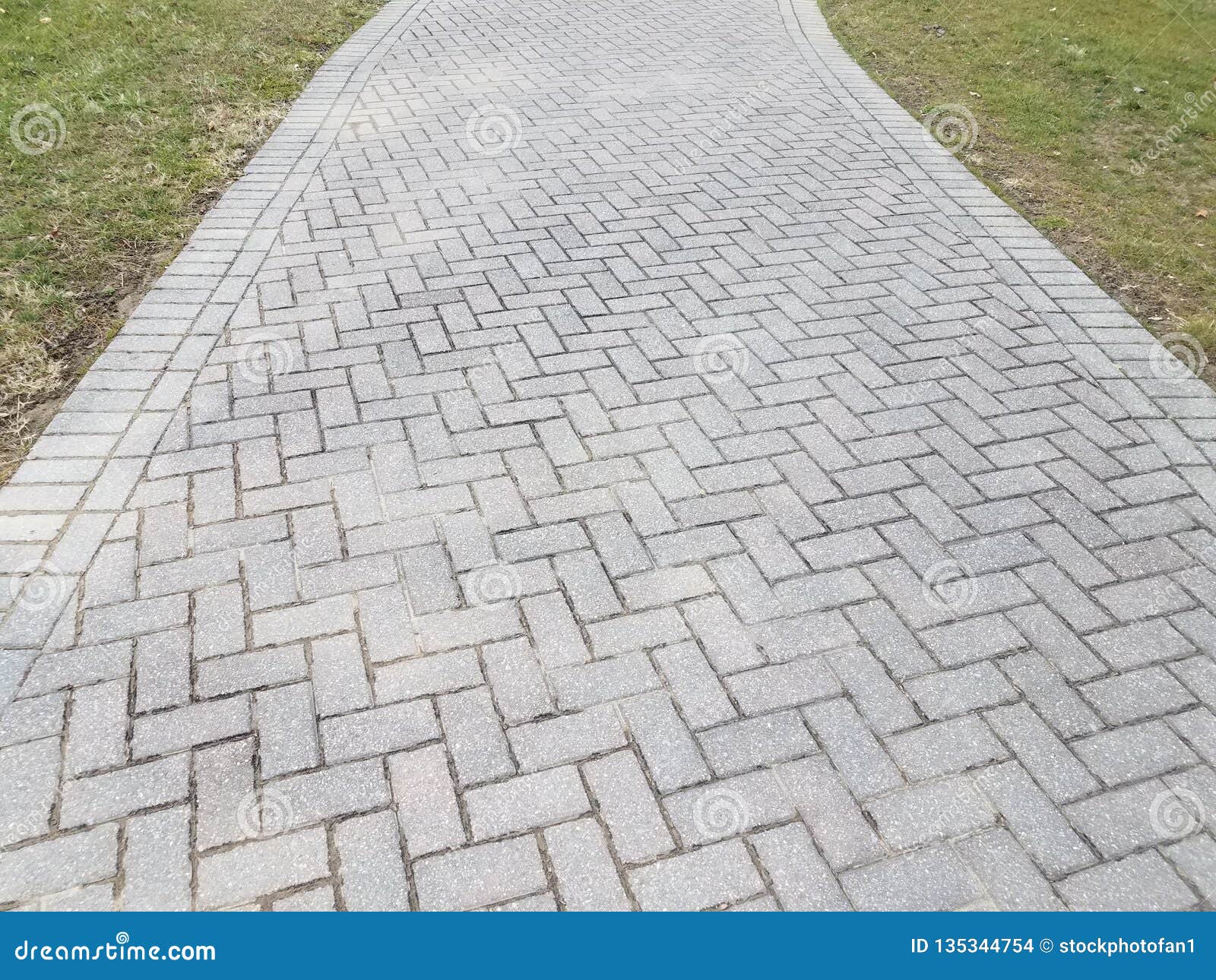 Grey Rectangle Brick Path and Green Grass Stock Photo - Image of grey ...