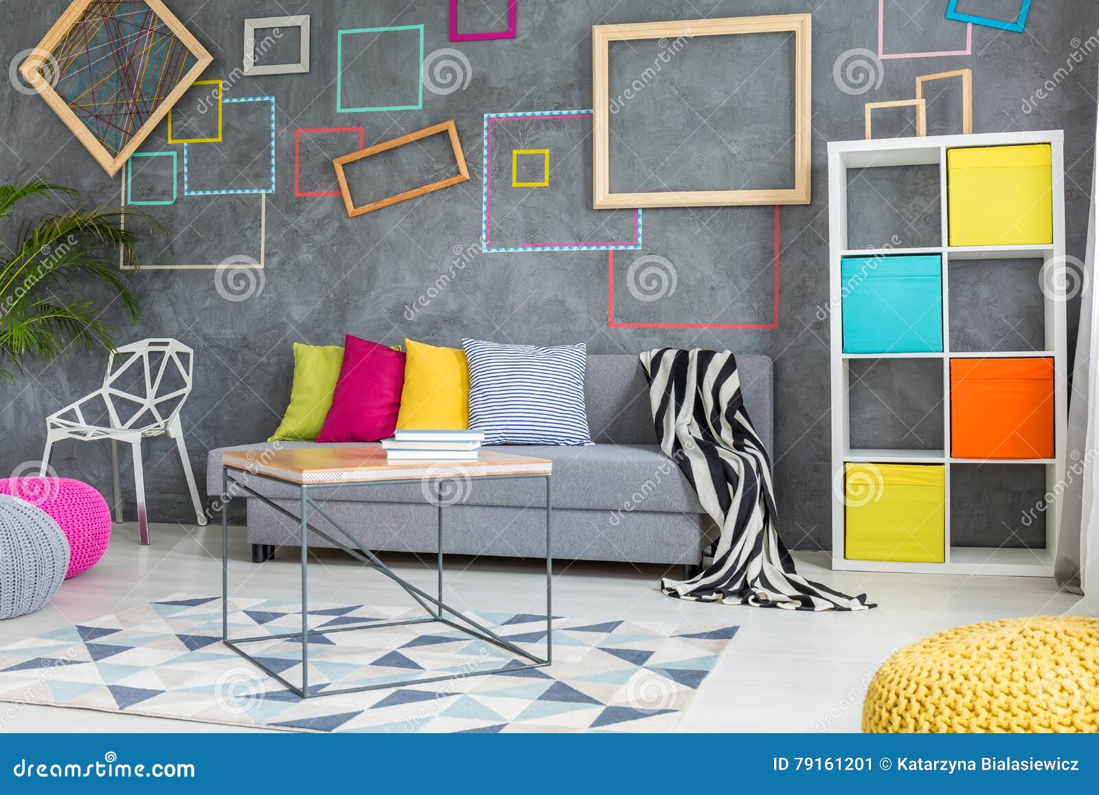 Grey Room with Decorative Squares Stock Image - Image of apartment ...