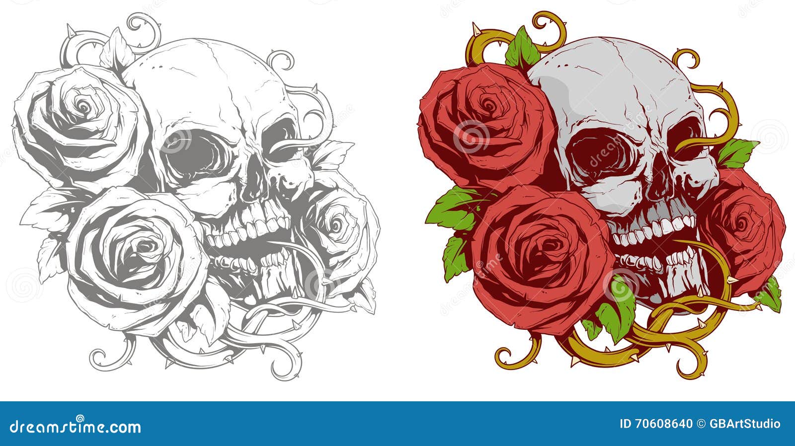 Grey Skull with Red Roses Tattoo Stock Vector - Illustration of white ...