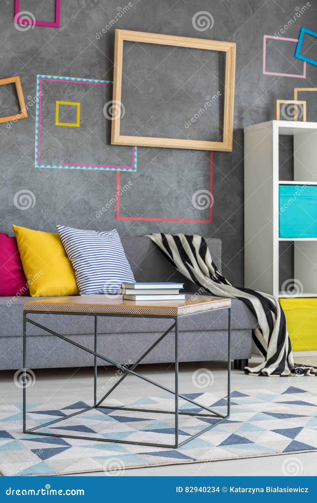 Grey Sofa with Colorful Pillows Stock Photo - Image of spacious, living ...
