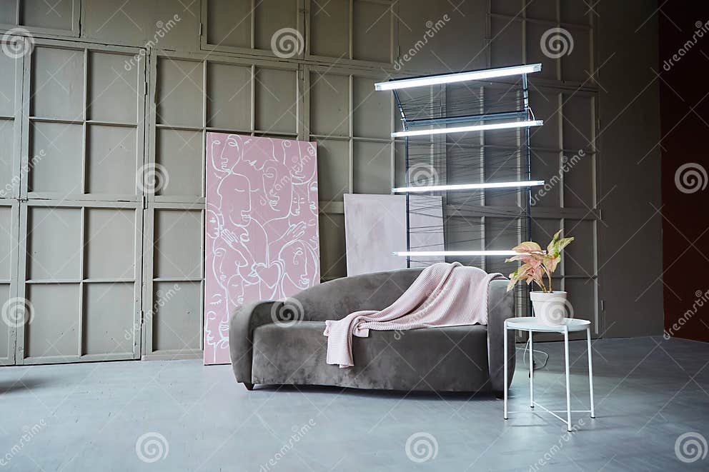 Grey Sofa in the Loft Style Interior. Stock Image - Image of loft ...