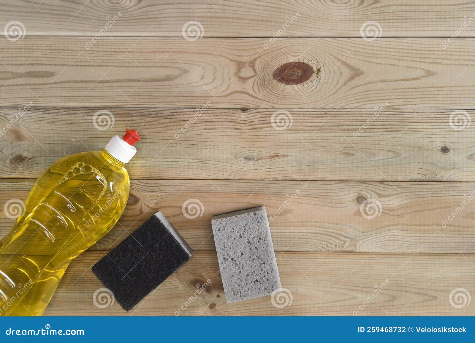 Grey Sponge for Dishwashing and Yellow Detergent. Copy Space. Flatlay ...