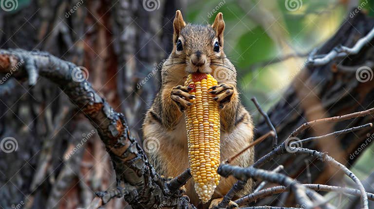 Gray Squirrels Eat Corn on the Cob on Tree Branches Generative Ai Stock ...