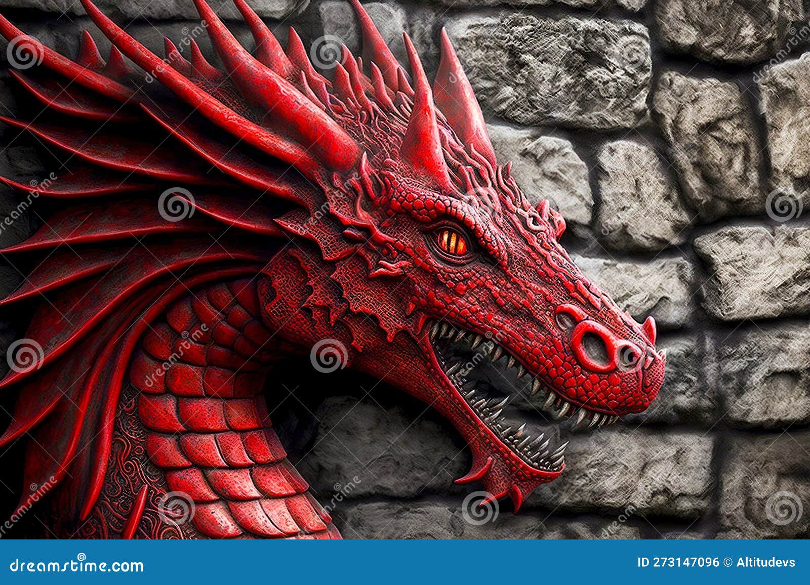 Grey Stone Wall with Image of Head of Red Dragons Stock Illustration ...