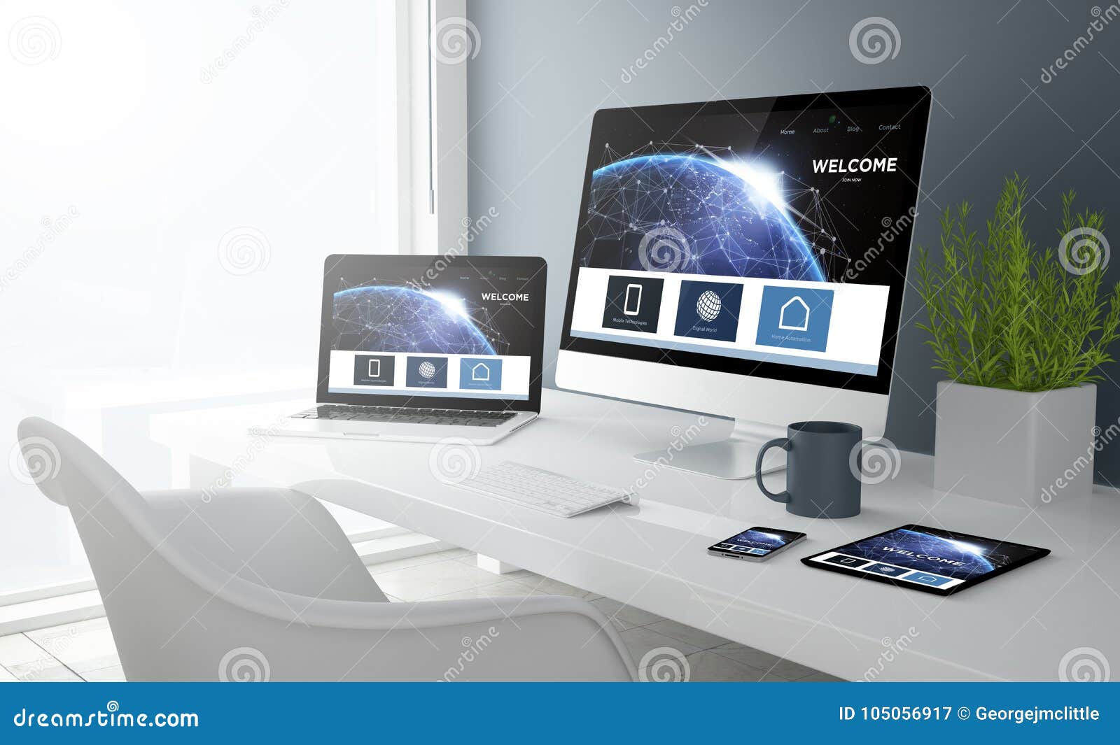 Grey Studio Devices with Earth Space Design Website Stock Illustration ...