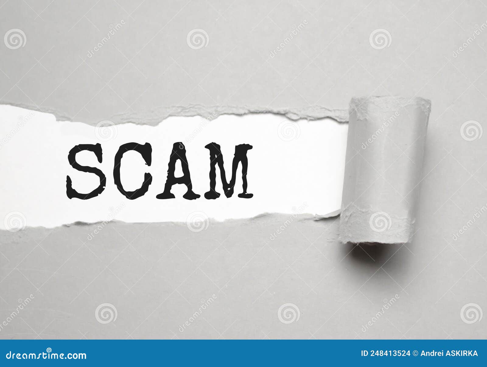 Grey Torn Paper with a Text of Scam on White Cardboard Stock ...