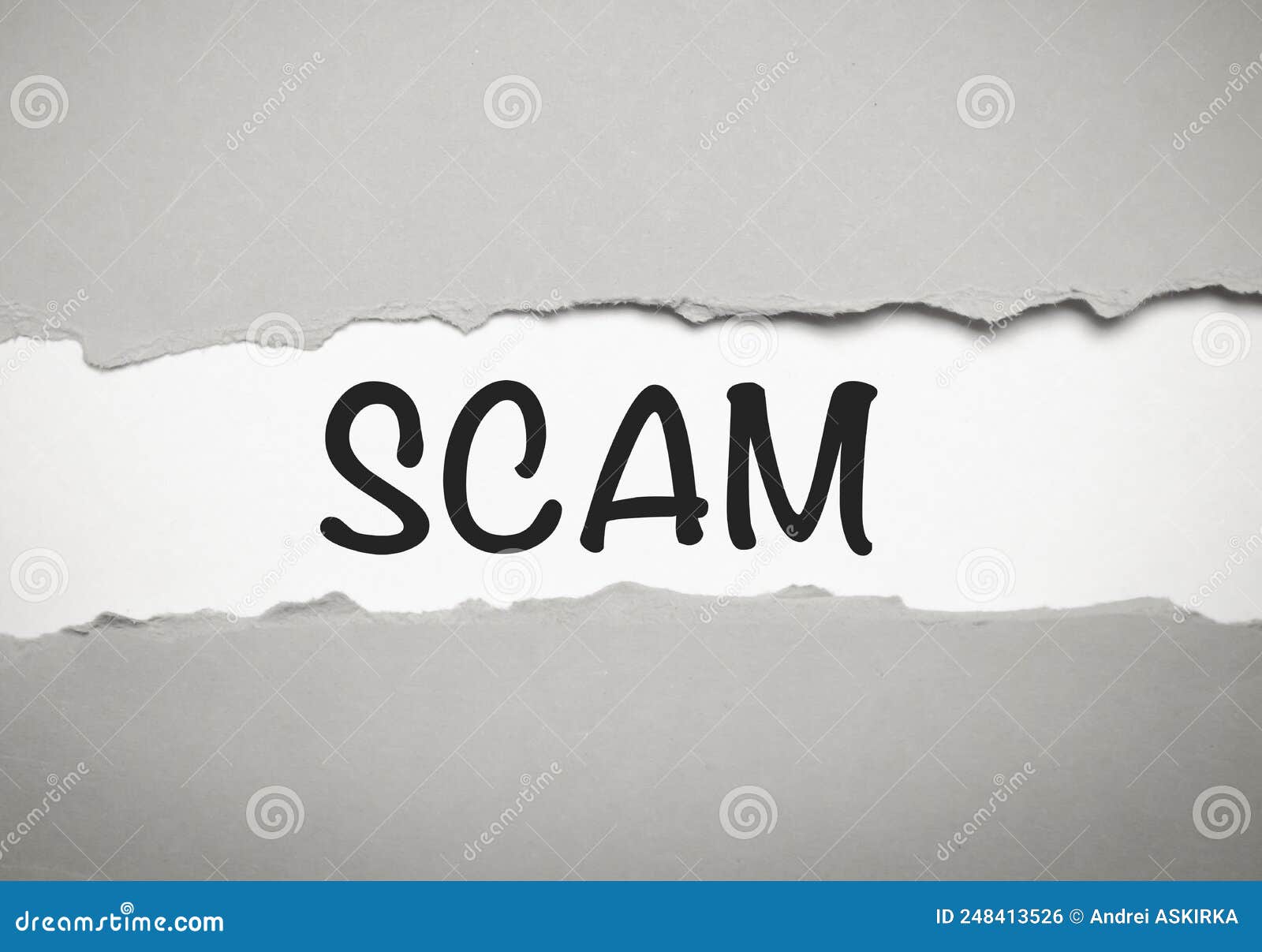 Grey Torn Paper with a Text of Scam on White Cardboard Stock ...