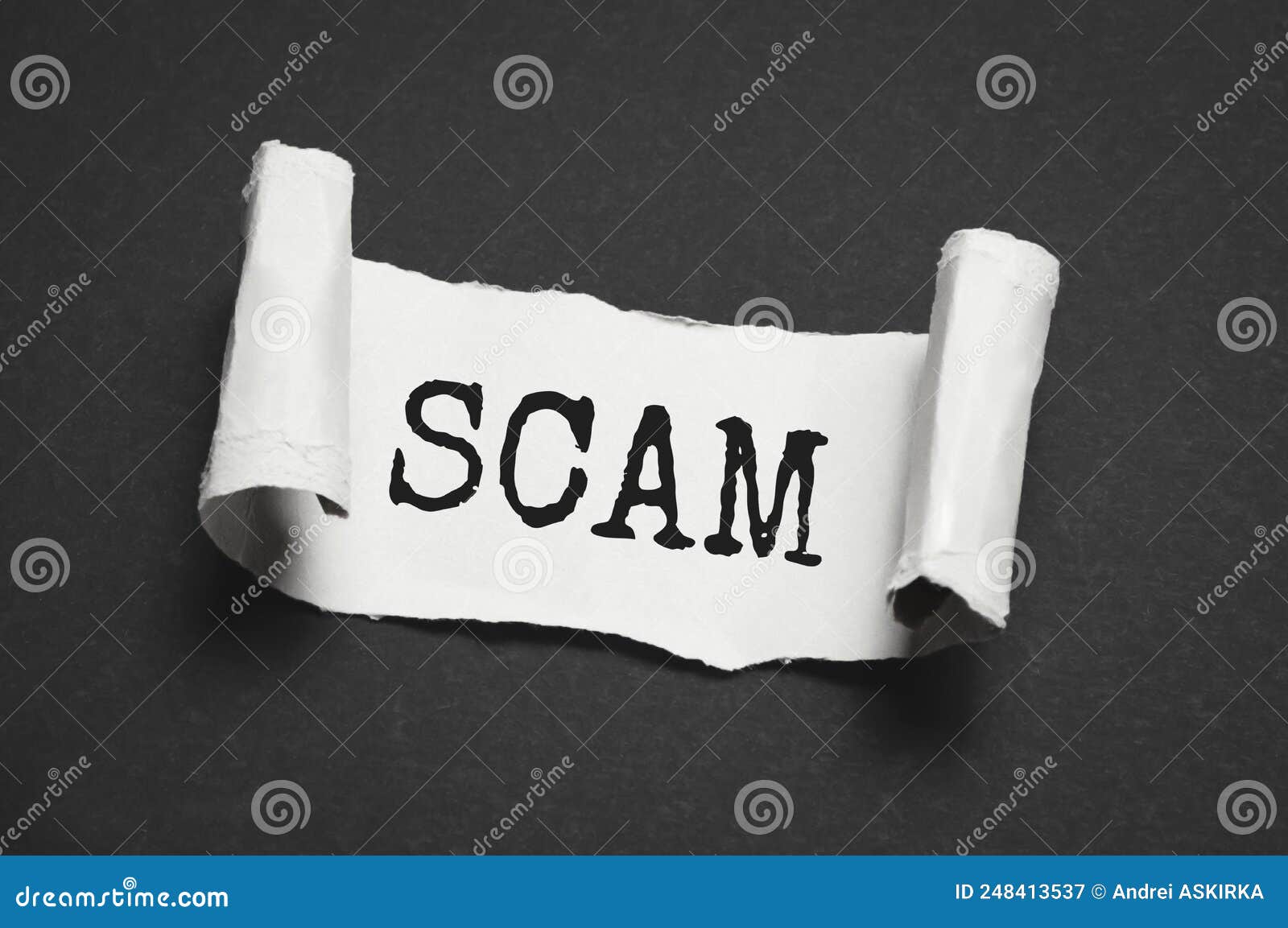 Grey Torn Paper with a Text of Scam on White Cardboard Stock ...