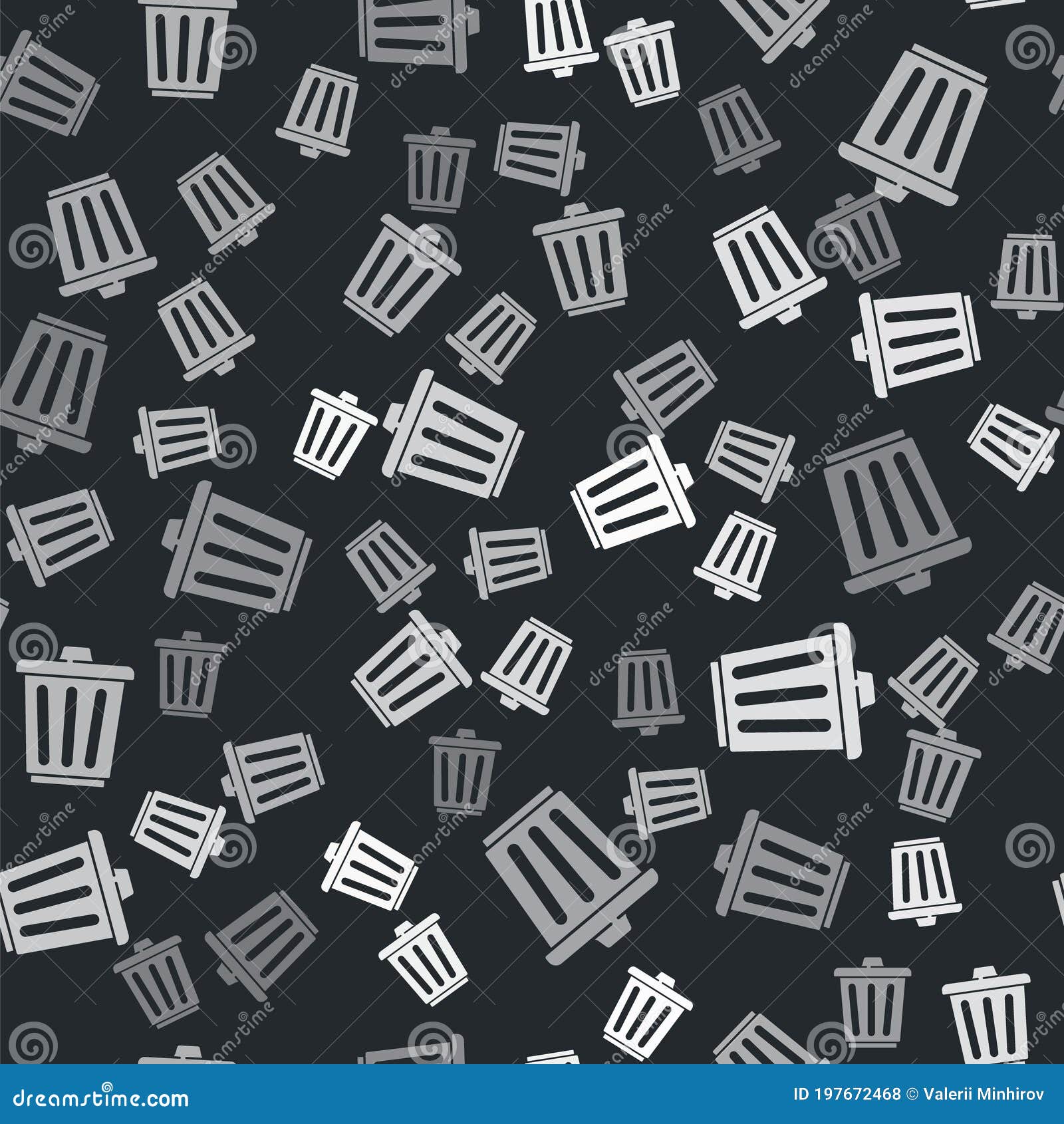 Grey Trash Can Icon Isolated Seamless Pattern on Black Background ...