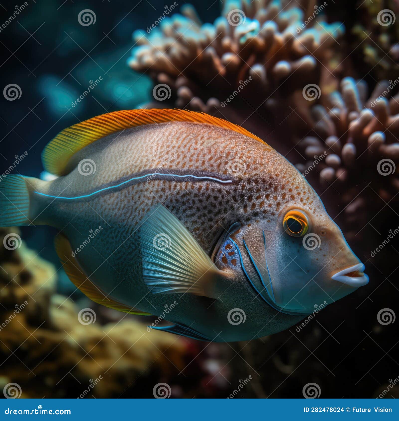 Grey Tropical Fish with Pattern and Coral Reef in Sea, Created Using ...