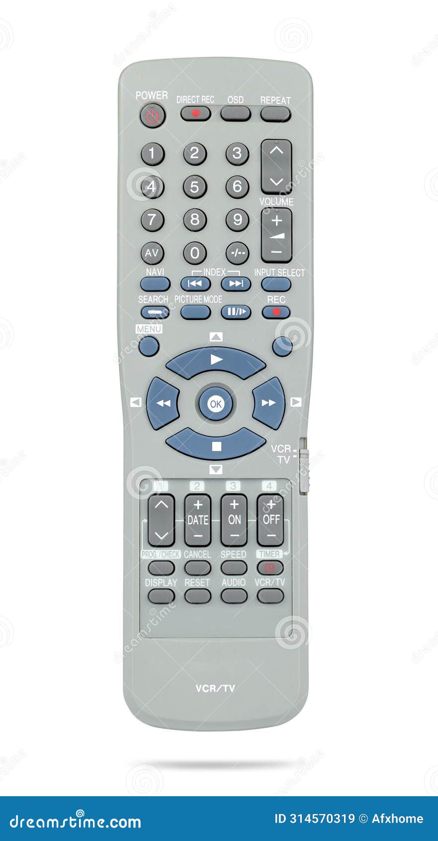 Grey TV and VCR Remote Control, Isolated on White Background. Front ...
