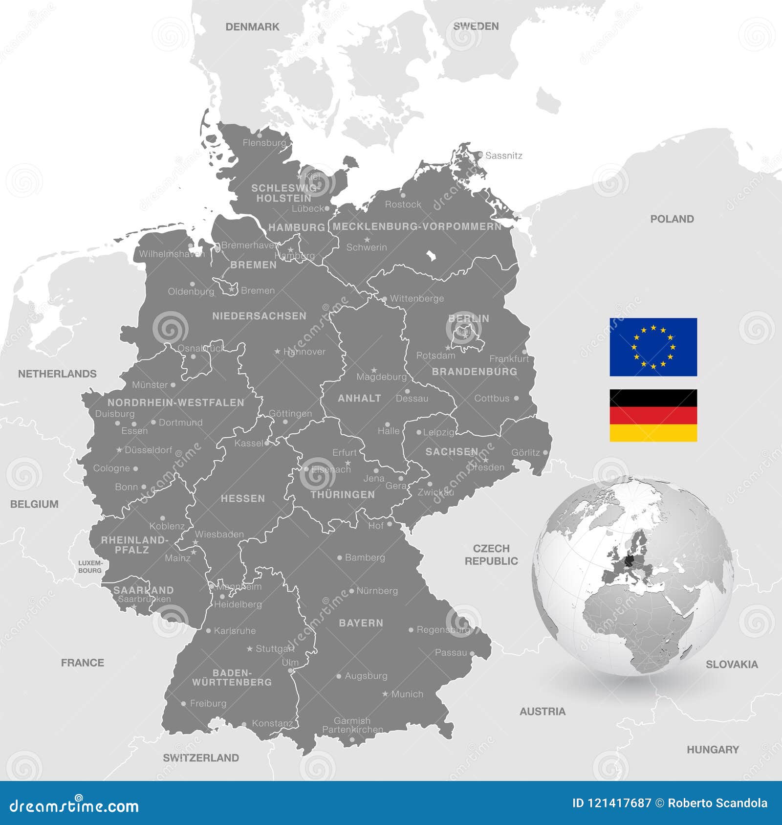 Grey Vector Political Map Della Germania Illustrazione Vettoriale ...