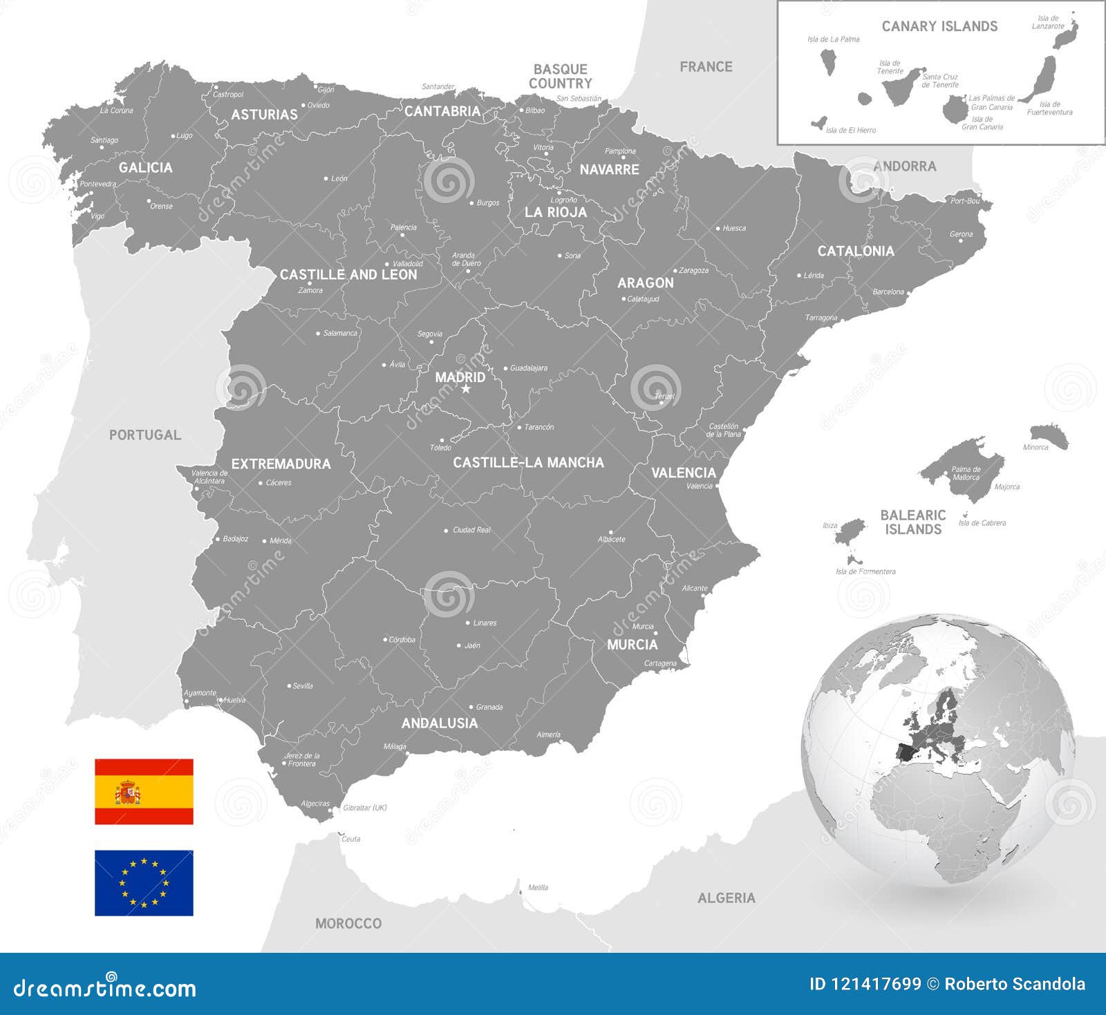 Grey Vector Political Map Della Spagna Illustrazione Vettoriale ...