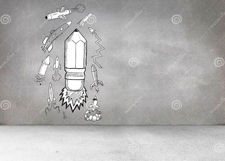 Grey Wall with Pencil Rocket Stock Illustration - Illustration of room ...