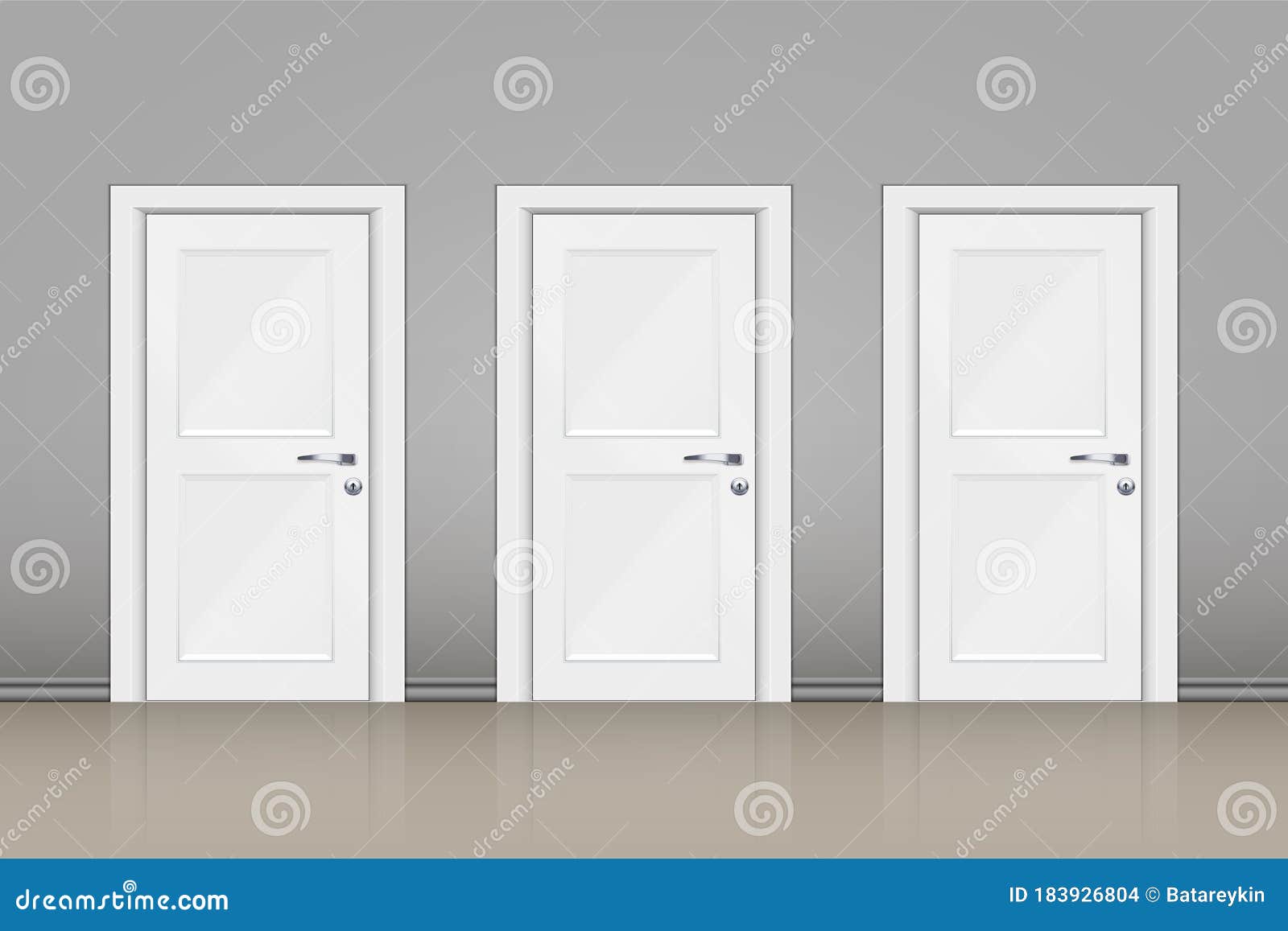 Grey Wall with Three Closed Doors in Center Stock Vector - Illustration ...