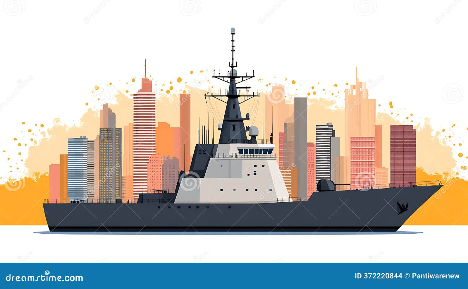 Warship At Sunset In The Sea. Fleet Flagship Cartoon Vector ...