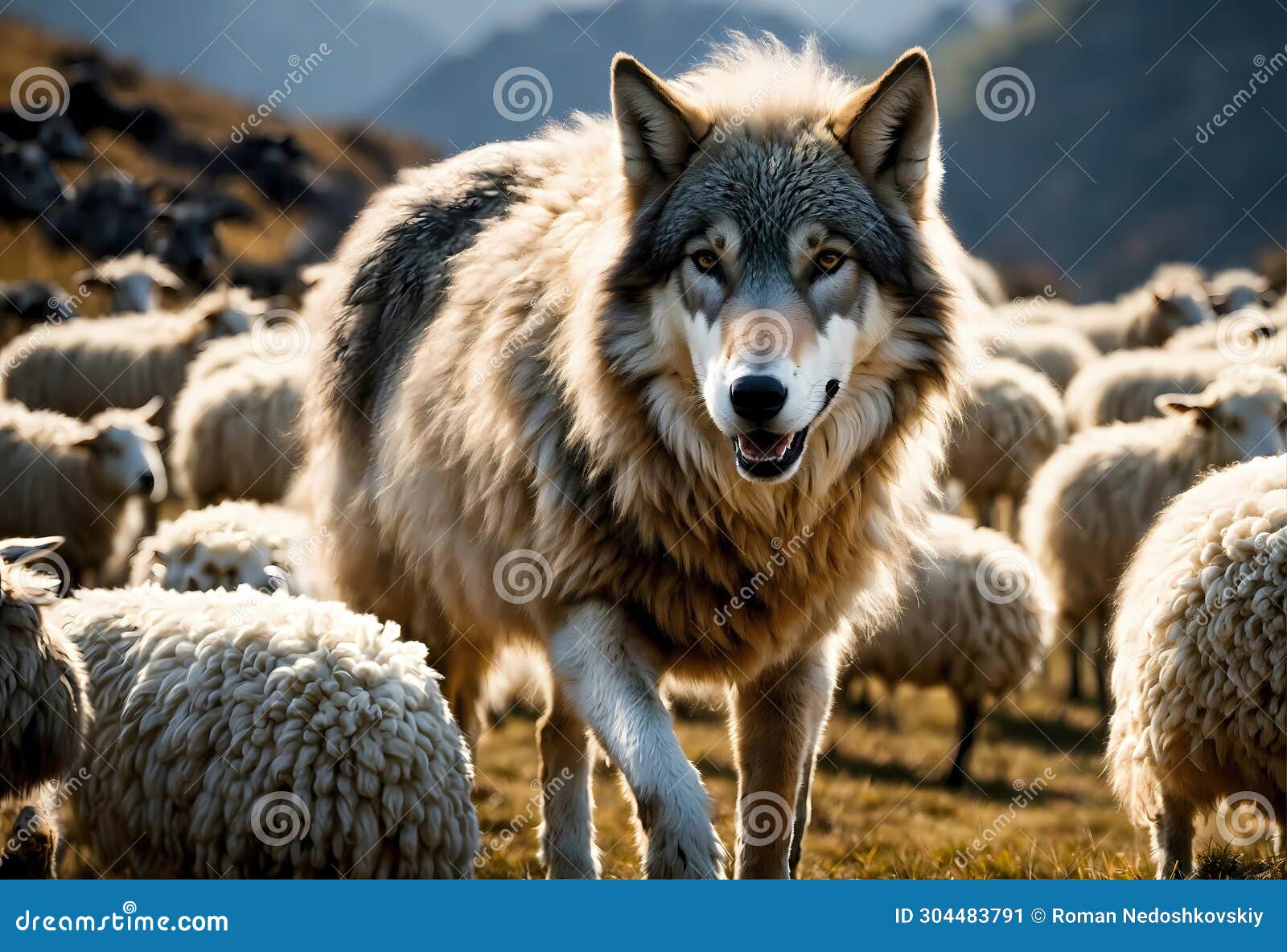 Grey Wild Wolf among a Flock of Sheep in a Sunny Highland Pasture Stock ...