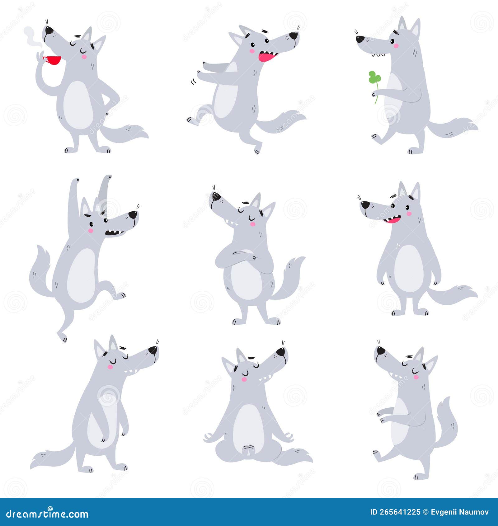 Grey Wolf Character with Pointed Muzzle Engaged in Different Activity ...
