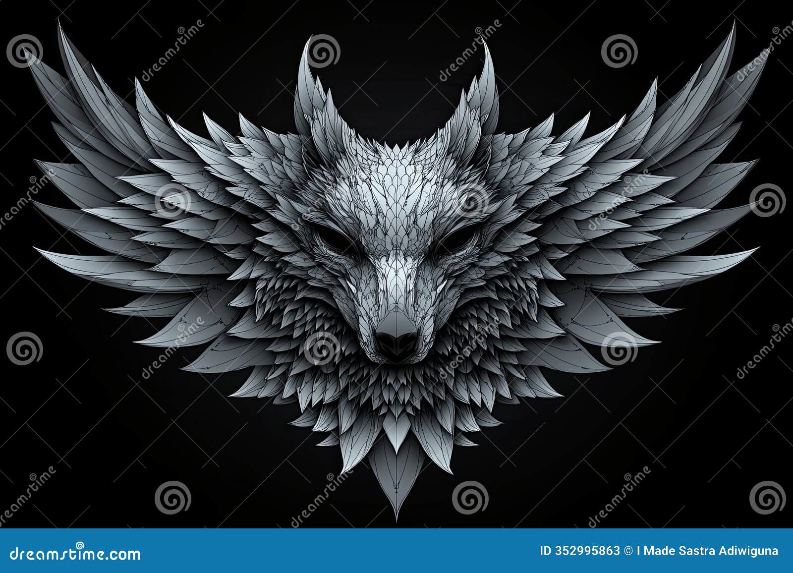 Grey Wolf Head with Feathered Wings, Fantasy Creature Design Stock ...