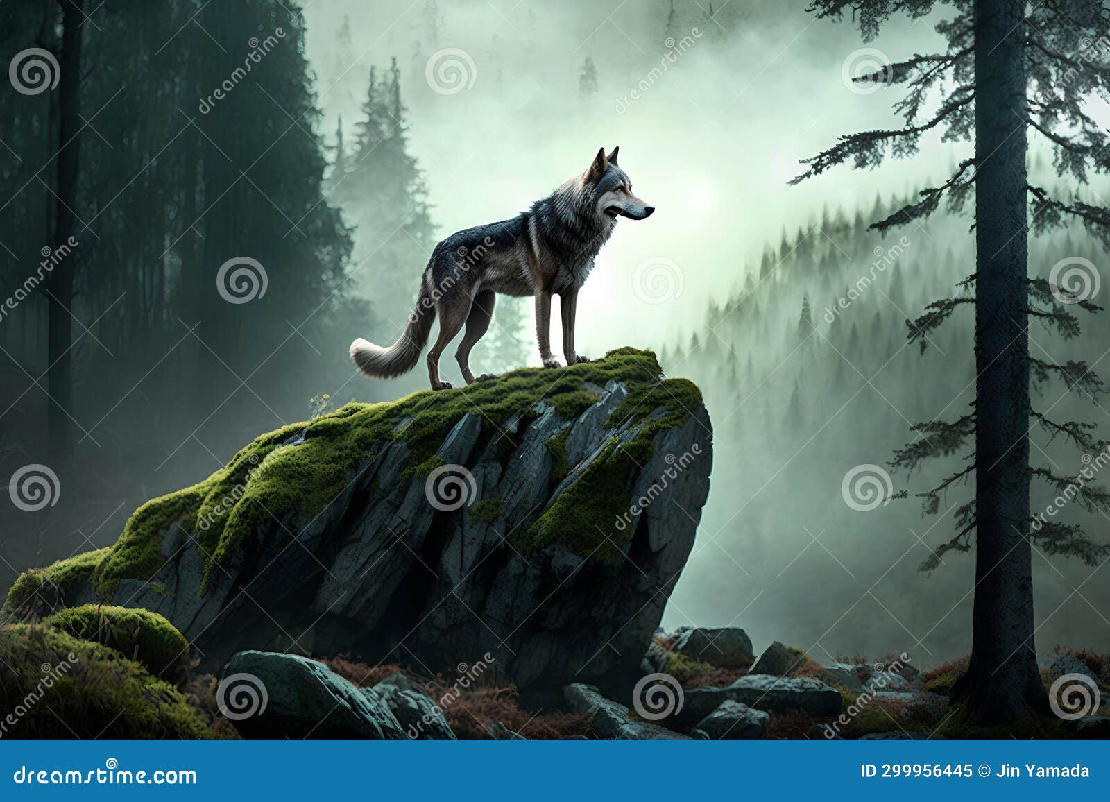 Grey Wolf Standing on a Rock in the Forest. 3d Rendering Stock ...