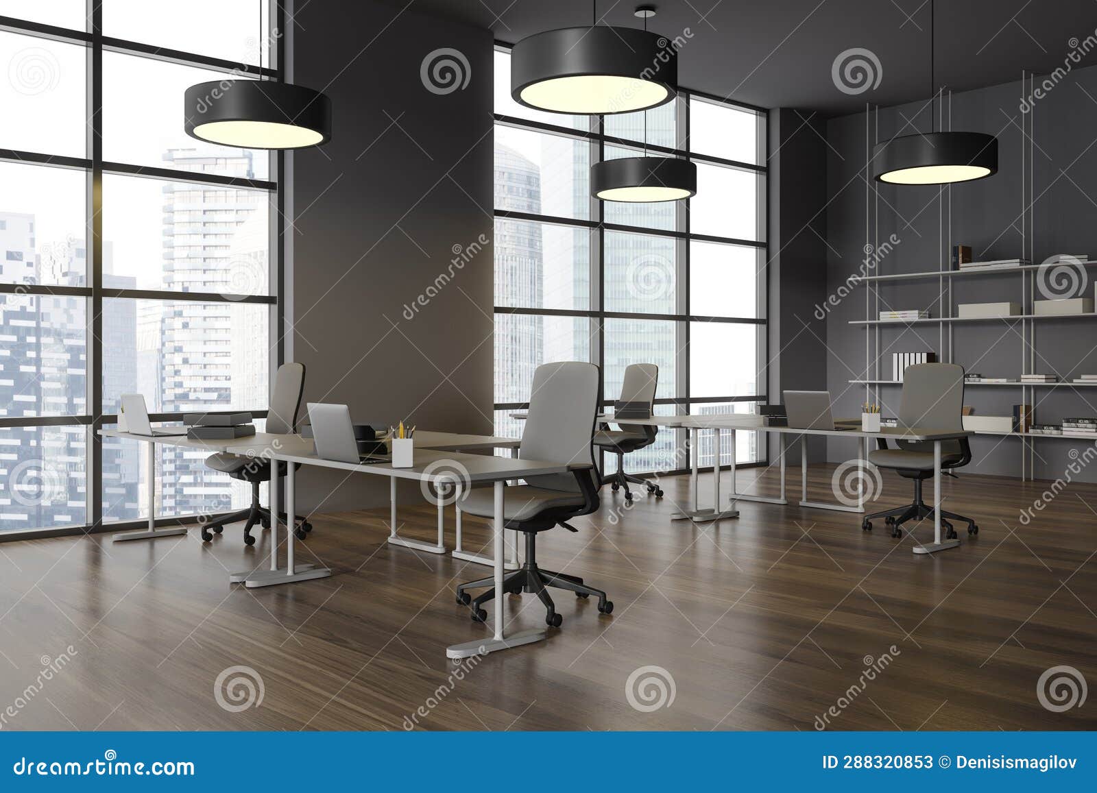 Grey Workspace Interior with Coworking Space and Shelf, Panoramic ...