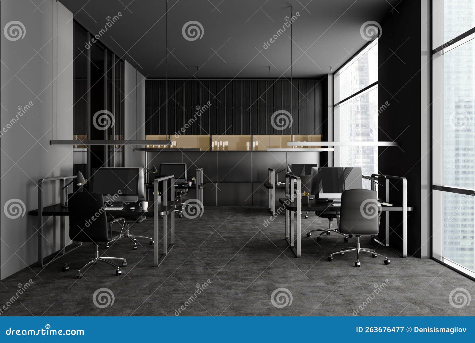 Grey Workspace Interior with Pc Computers, Panoramic Window on City ...