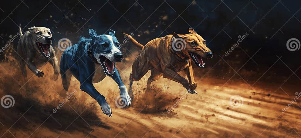 Greyhounds Racing through Dirt in Dynamic Action Scene with Dramatic ...