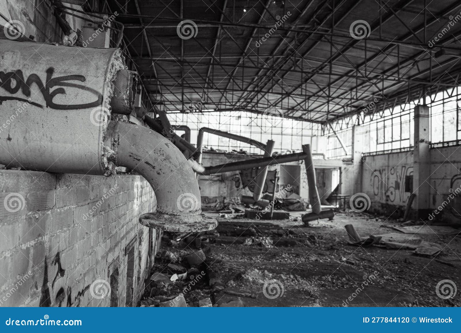 Greyscale of an Abandoned Interior Space with a Blackened, Decrepit ...