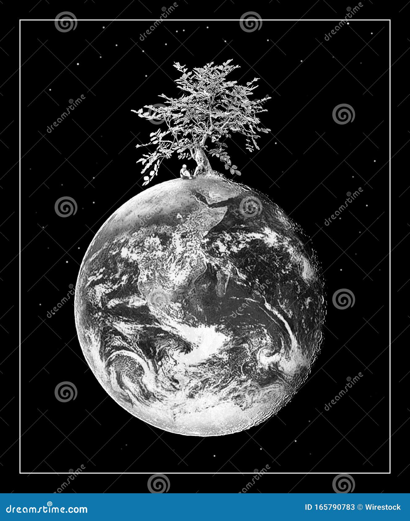 Greyscale Earth Picture with a Tree Edited on it and a Man Sitting Next ...