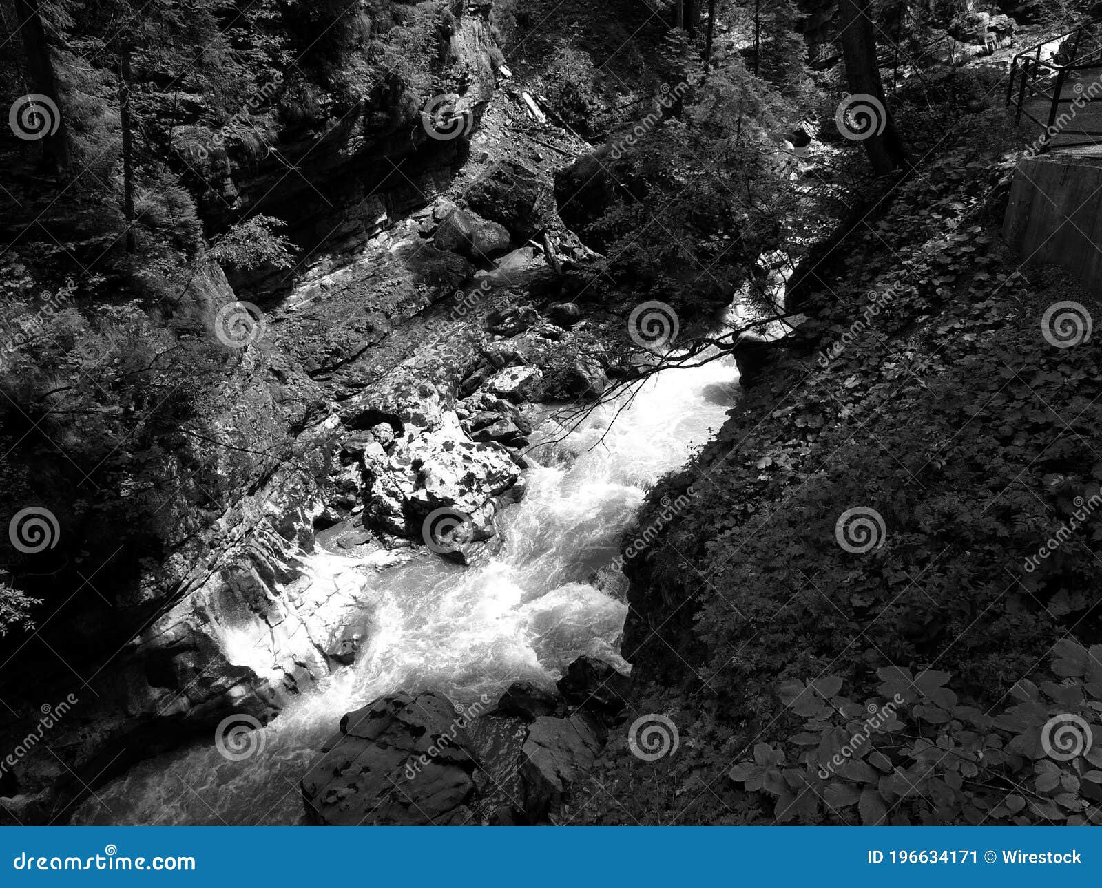 Greyscale High Angle Shot of a River Flowing among the Rocks and Cliffs ...