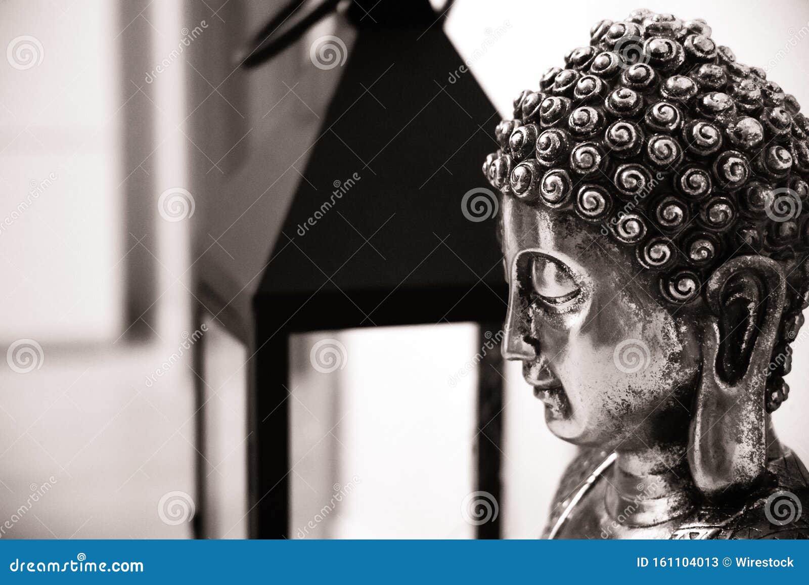 Greyscale Horizontal Shot of a Silver Buddha Statue with a Blurred ...